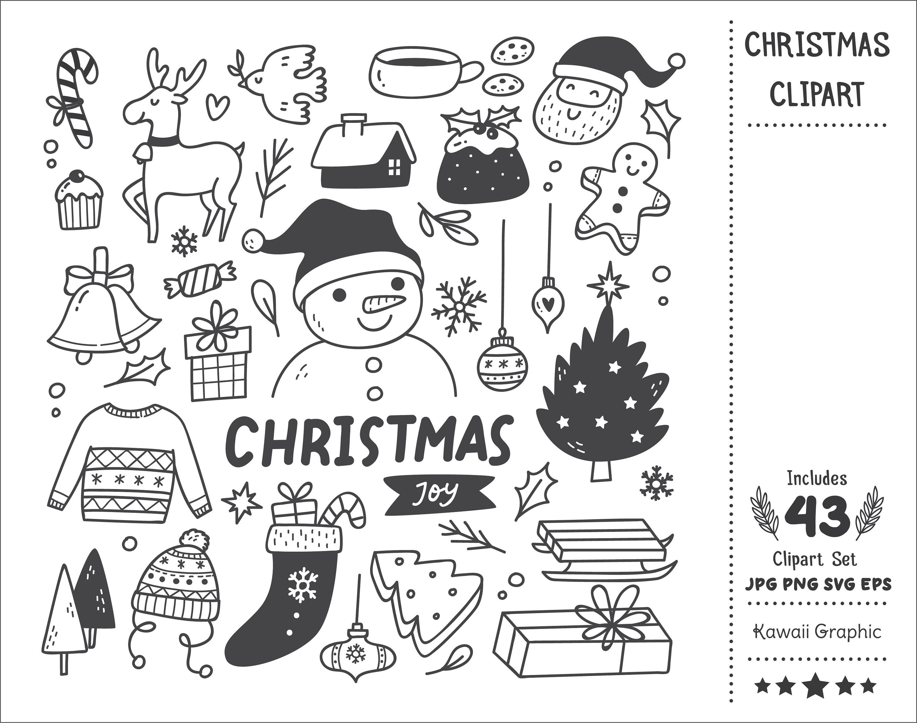 Cute CHRISTMAS Clipart, Kawaii Clipart, Cute Vector, Doodle Clipart ...