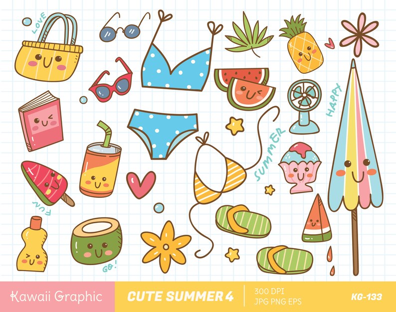Cute SUMMER Clipart, Kawaii Clipart, Cute Vector, Doodle Clipart, Cute ...