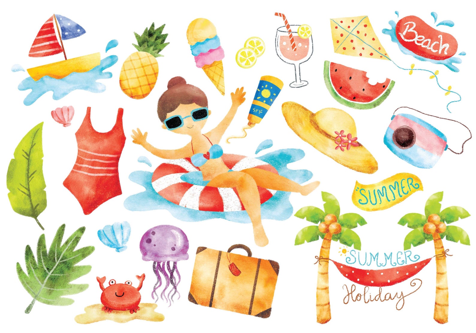 Cute SUMMER Clipart, Kawaii Clipart, Digital Water Color, Doodle ...