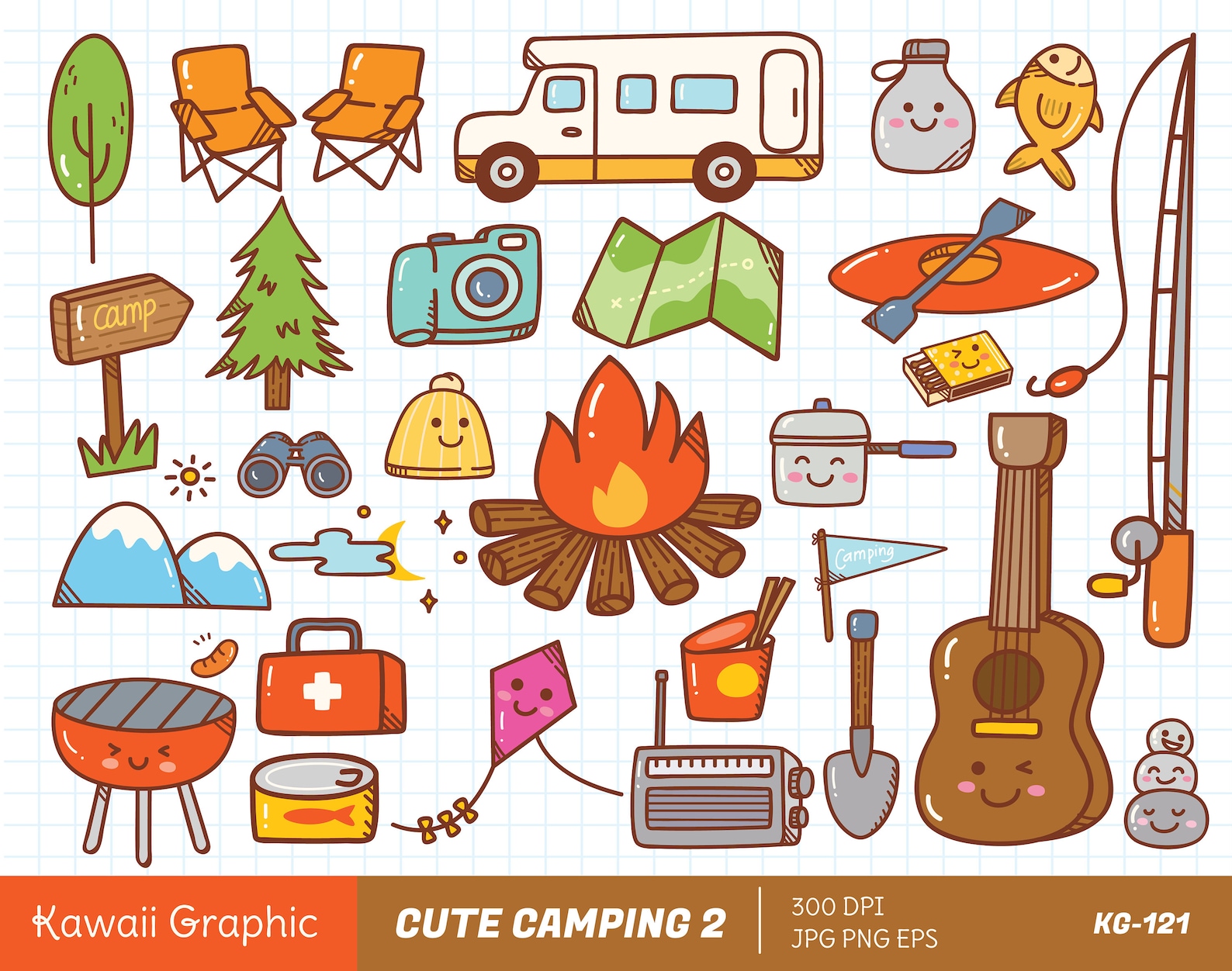 Cute CAMPING Clipart, Kawaii Clipart, Cute Vector, Doodle Clipart, Cute ...
