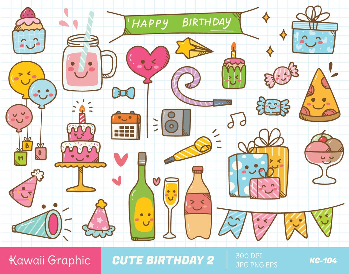 Cute BIRTHDAY Clipart, Kawaii Clipart, Cute Vector, Doodle Clipart ...