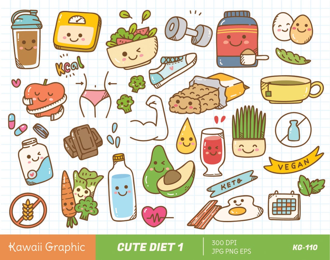 Cute DIET FOOD Clipart, Kawaii Clipart, Cute Vector, Doodle Clipart ...