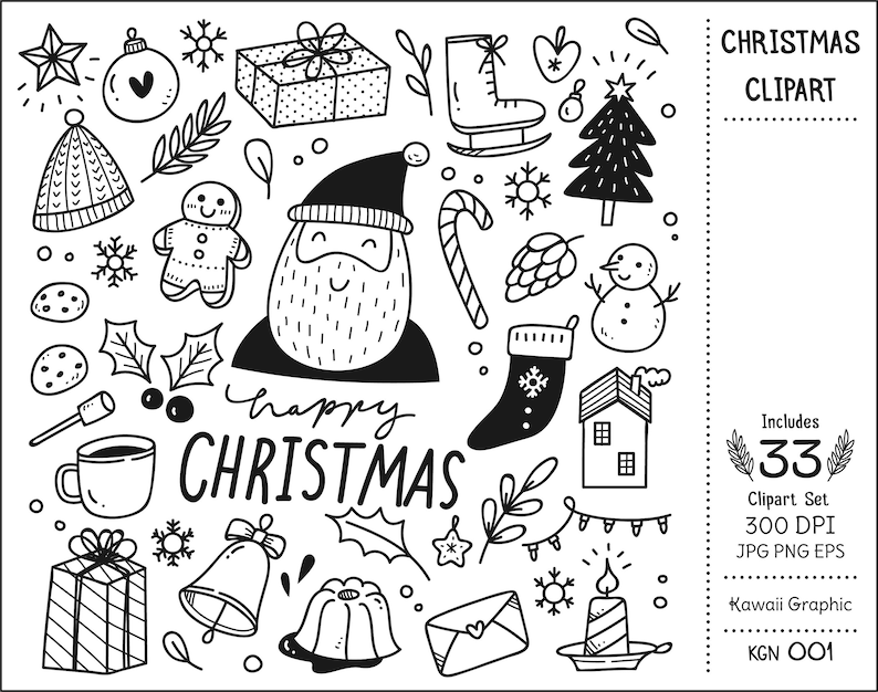 Cute CHRISTMAS Clipart, Kawaii Clipart, Cute Vector, Doodle Clipart ...