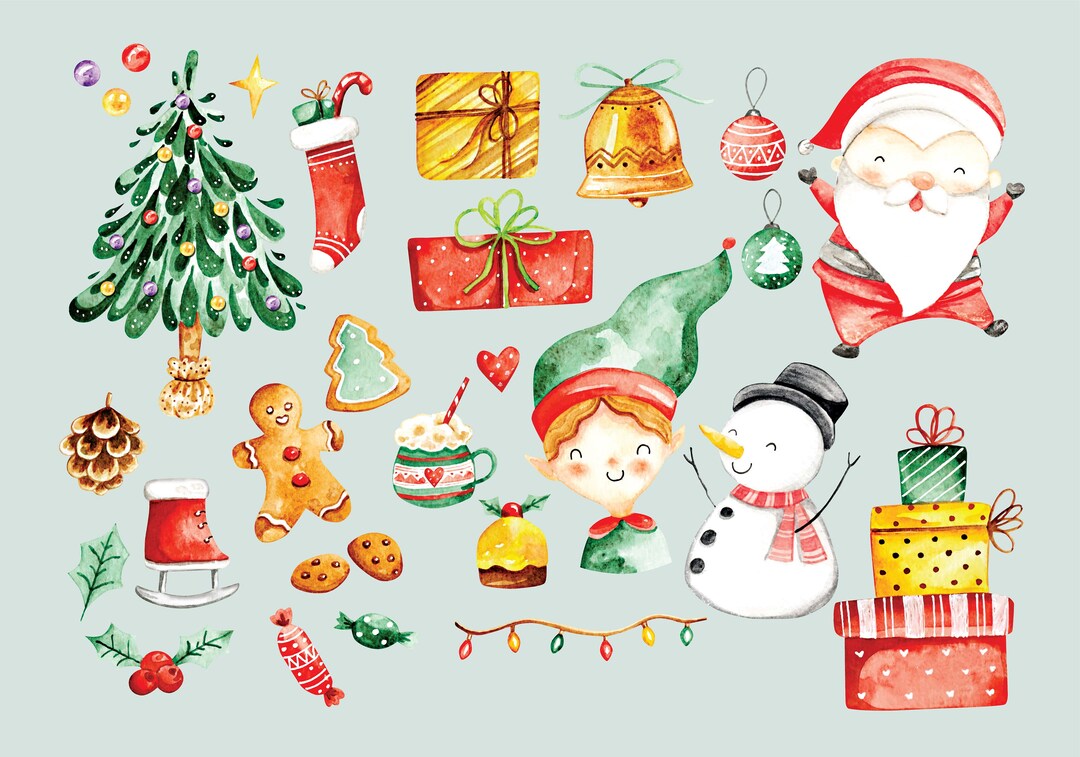 Christmas Decoration Doodle Clip Art in Water Color Style Illustration ...