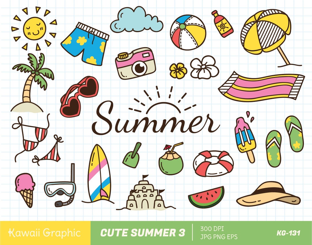 Cute SUMMER Clipart, Kawaii Clipart, Cute Vector, Doodle Clipart, Cute ...