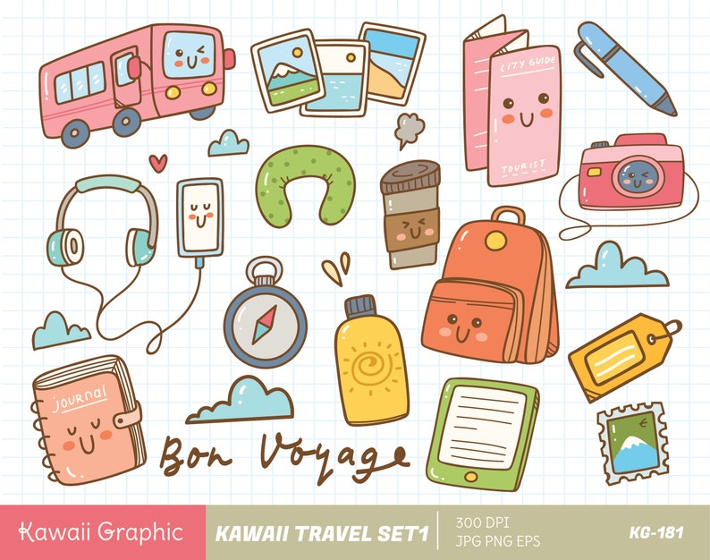 Kawaii Doodle Travel Set Clipart, Cute Vector Clipart, Digital Download ...
