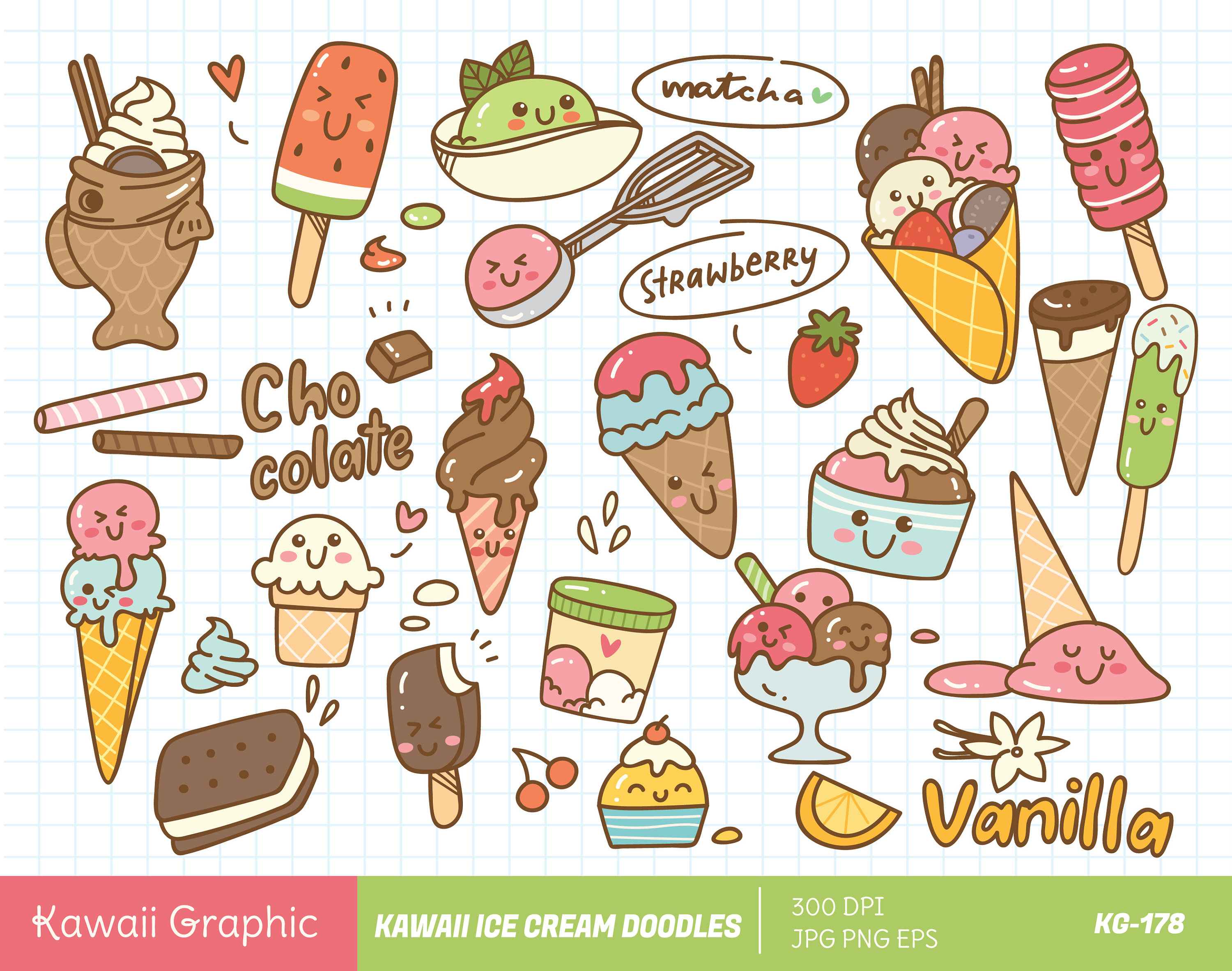 Cute Ice Cream Kawaii Doodle Clipart Cute Vector Clipart Etsy