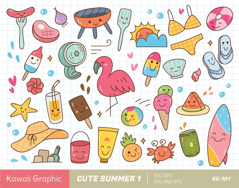 Cute SUMMER Clipart, Kawaii Clipart, Cute Vector, Doodle Clipart, Cute ...