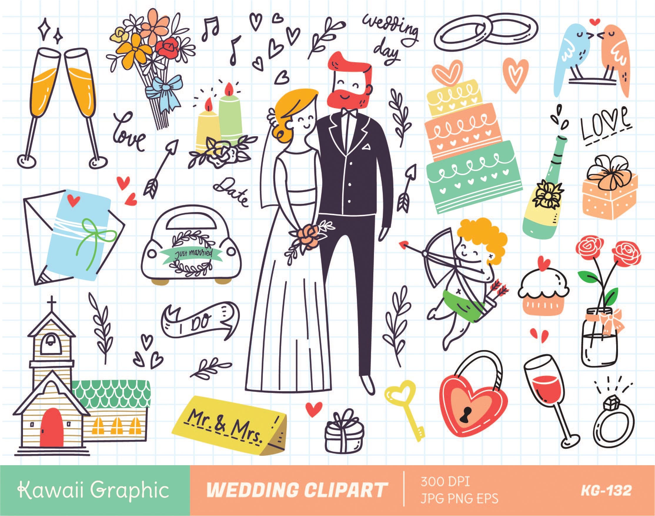 Cute WEDDING Clipart, Kawaii Clipart, Cute Vector, Doodle Clipart, Cute ...