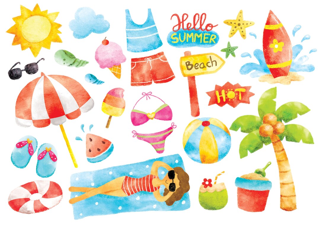 Cute SUMMER Clipart, Kawaii Clipart, Digital Water Color, Doodle ...