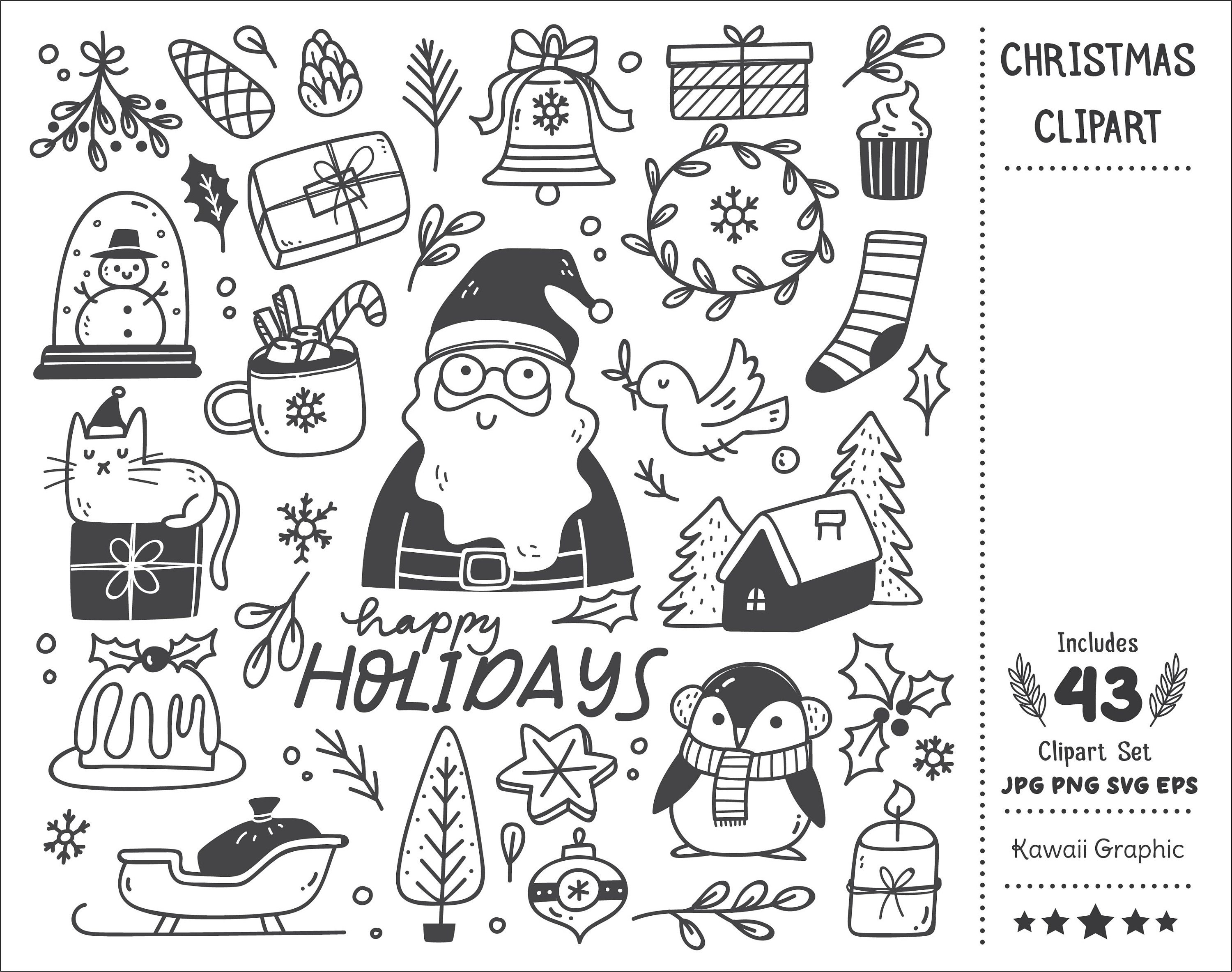 Cute CHRISTMAS Clipart, Kawaii Clipart, Cute Vector, Doodle Clipart ...