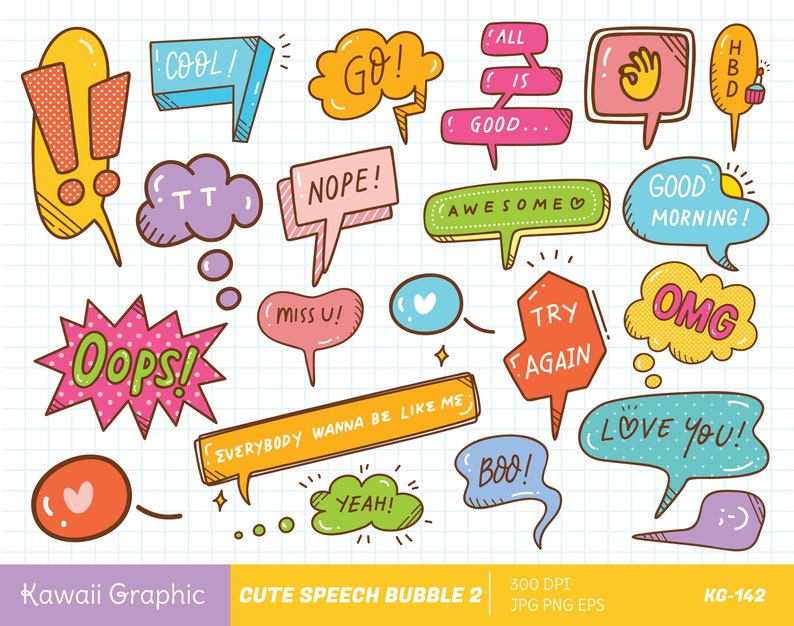 Cute Speech Bubble Clipart, Kawaii Clipart, Cute Vector, Doodle Clipart ...