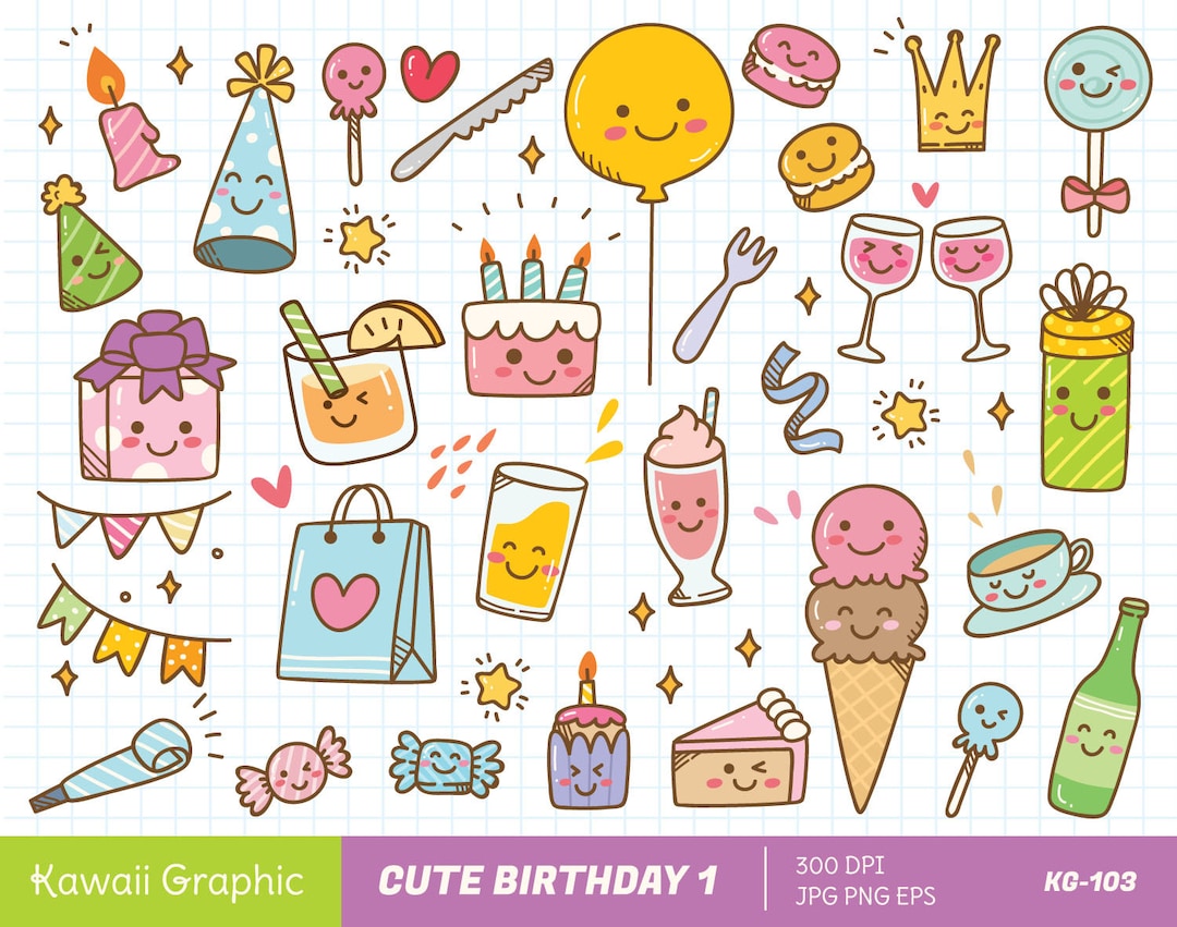 Cute BIRTHDAY Clipart, Kawaii Clipart, Cute Vector, Doodle Clipart ...
