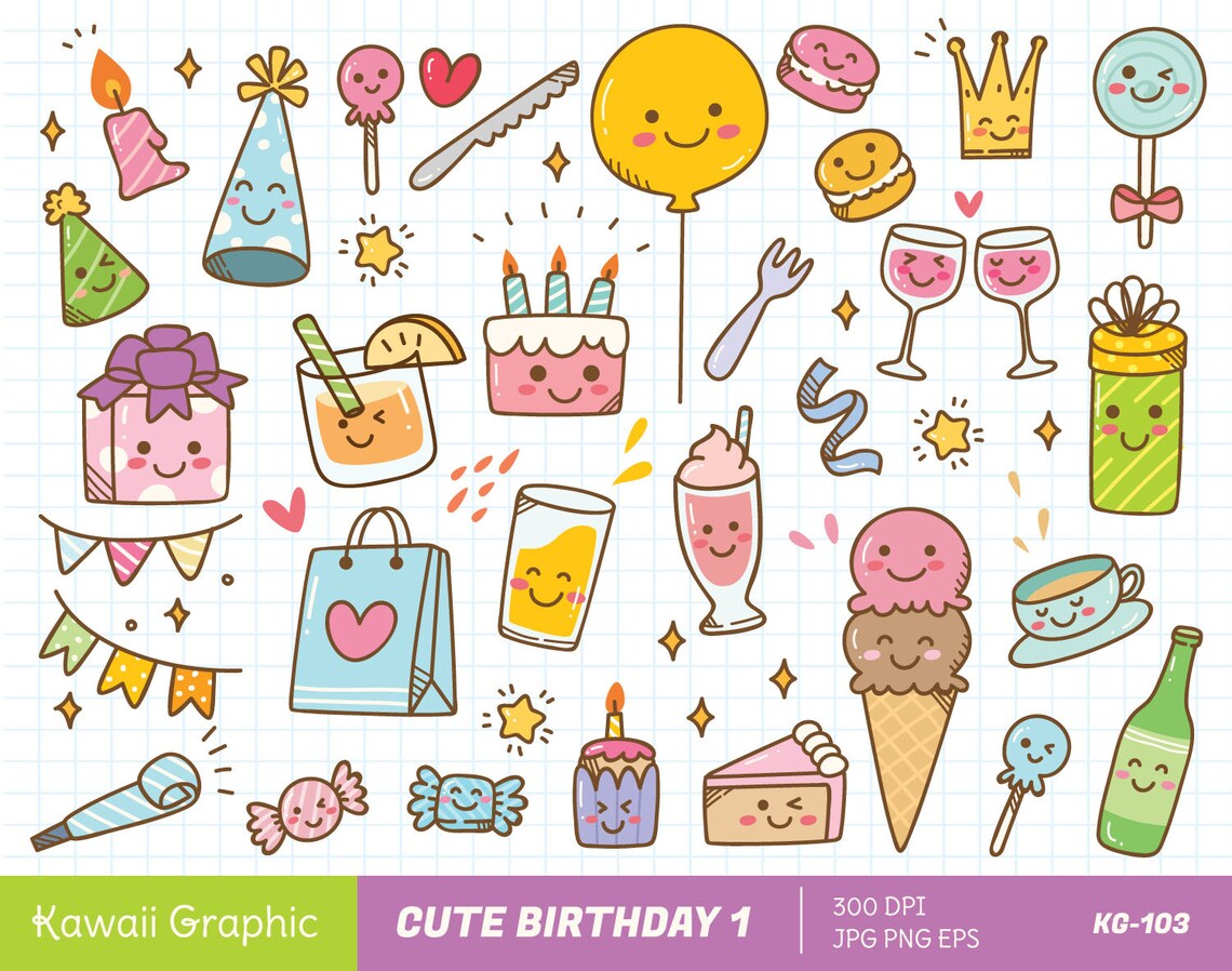 Cute BIRTHDAY Clipart, Kawaii Clipart, Cute Vector, Doodle Clipart ...