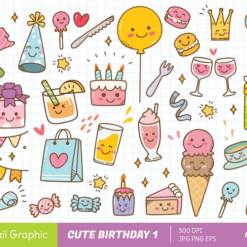 Cute BIRTHDAY Clipart Kawaii Clipart Cute Vector Doodle - Etsy