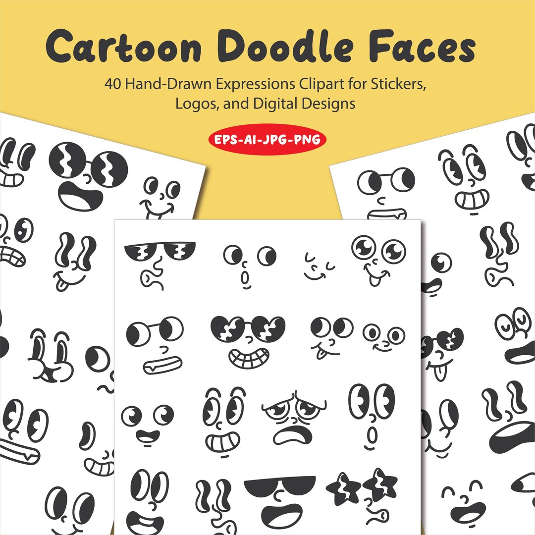 Cartoon Doodle Faces – 40 Hand-drawn Expressions Clipart for Stickers ...