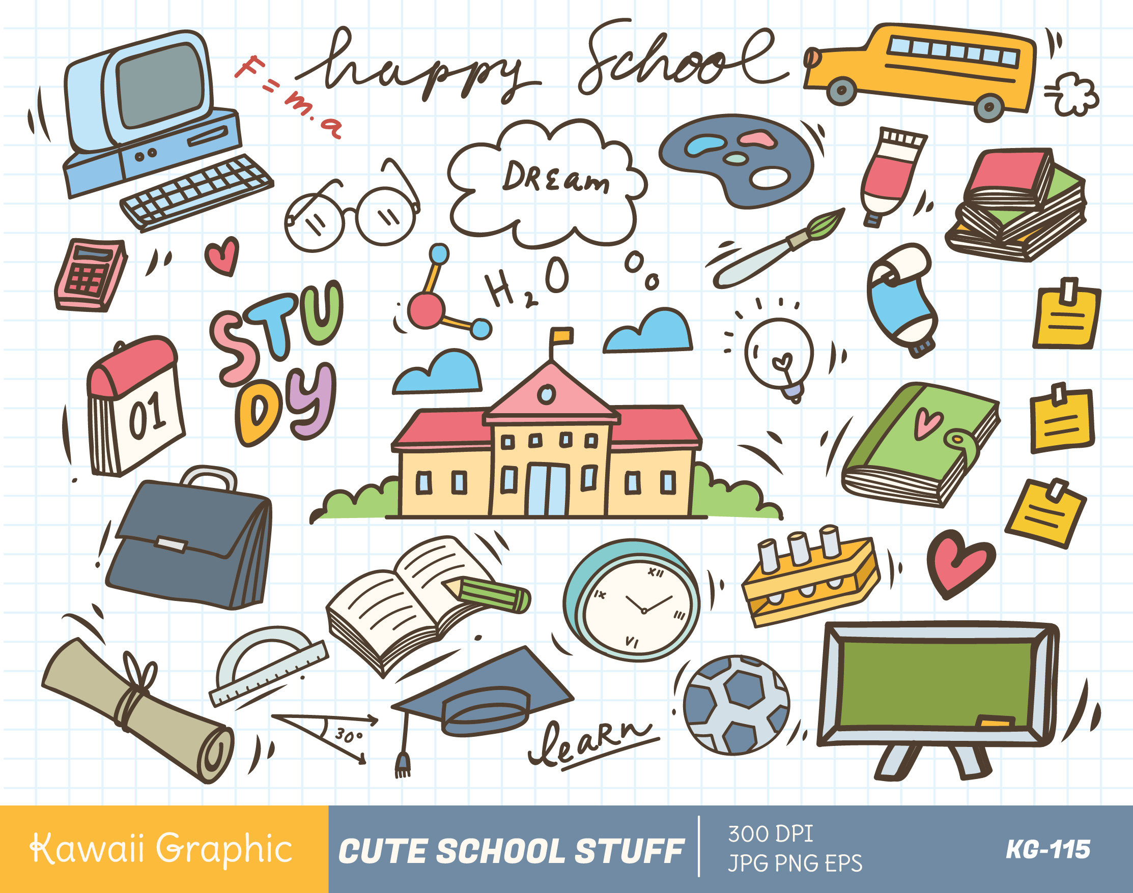 Cute SCHOOL STUFF Clipart, Kawaii Clipart, Cute Vector, Doodle Clipart ...