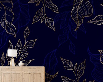 Navy Wallpaper Leaves - Etsy