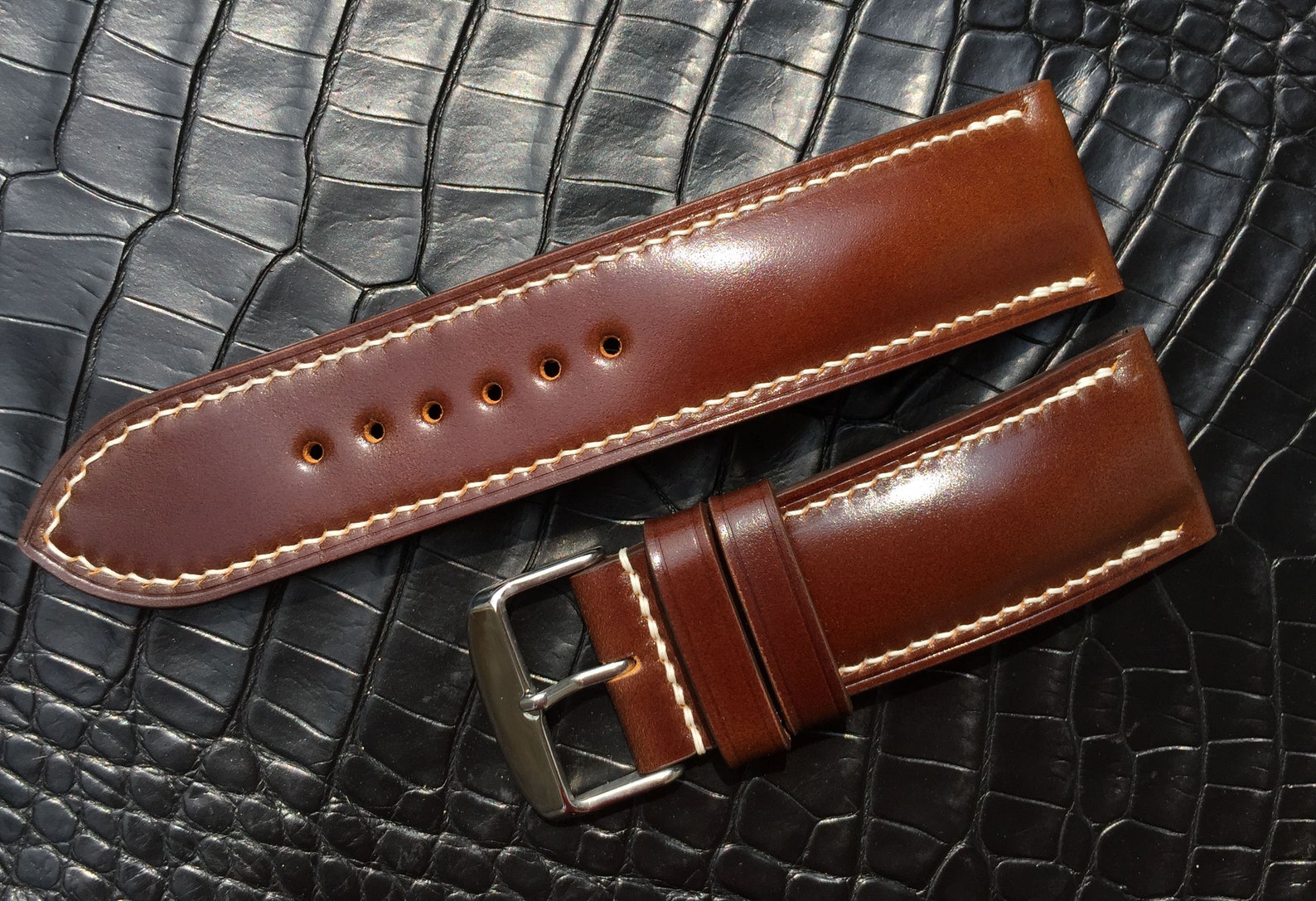 Custom Brown Shinki Shell Cordovan Leather Watch Strap, Watch Band 22mm ...
