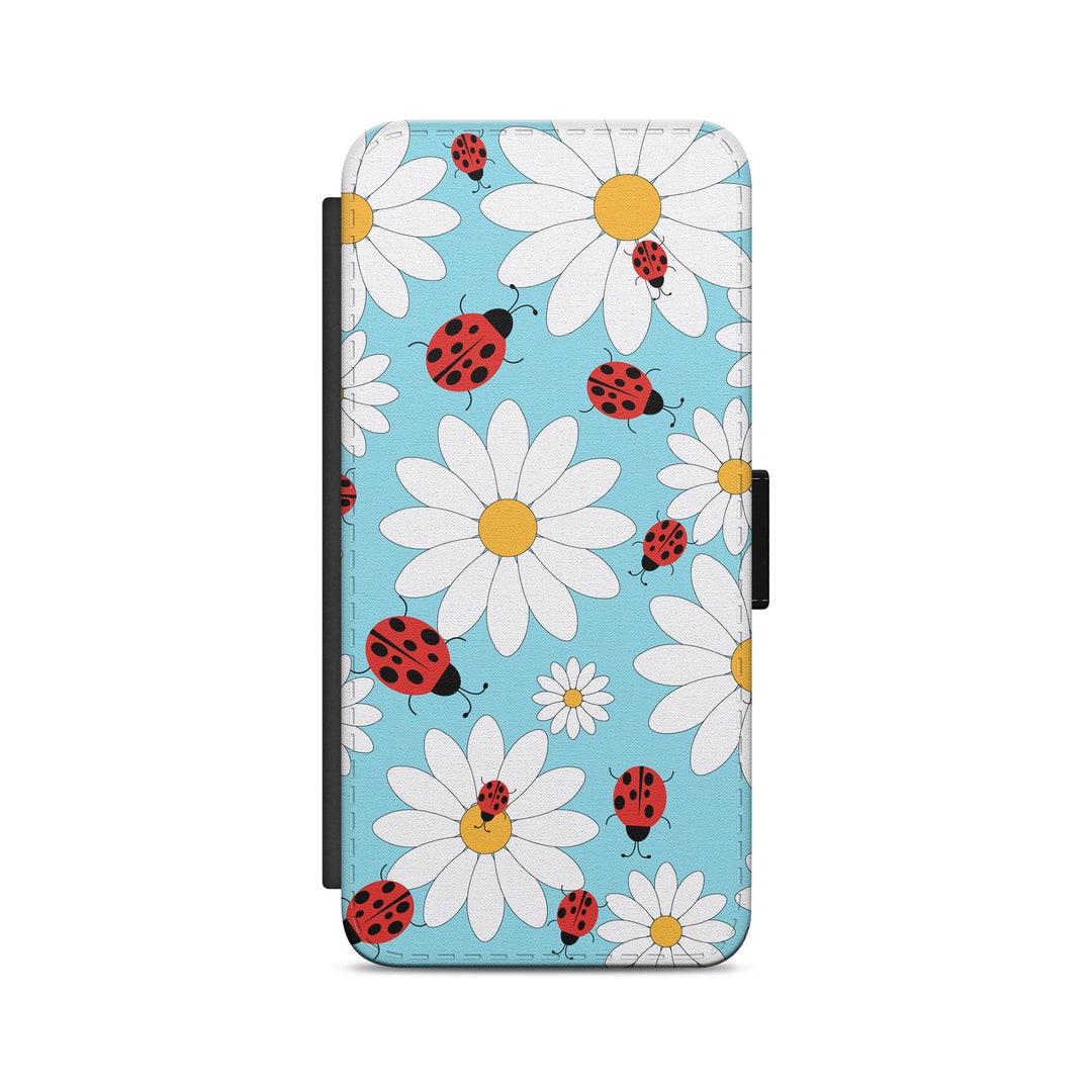 Ladybug on Daisy Flower Blue Background Flip Wallet Phone Case for ...