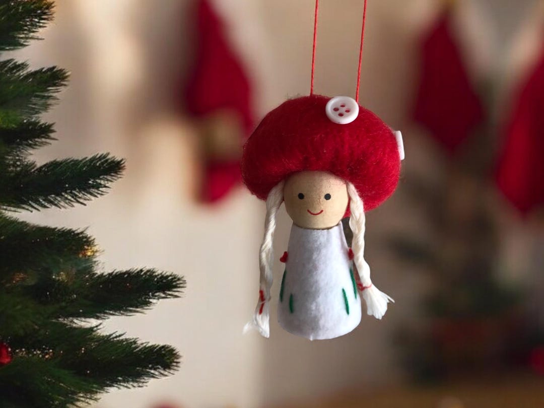 Little Red Mushroom Head Wooden Peg Doll - Hanging Mushroom Girl ...