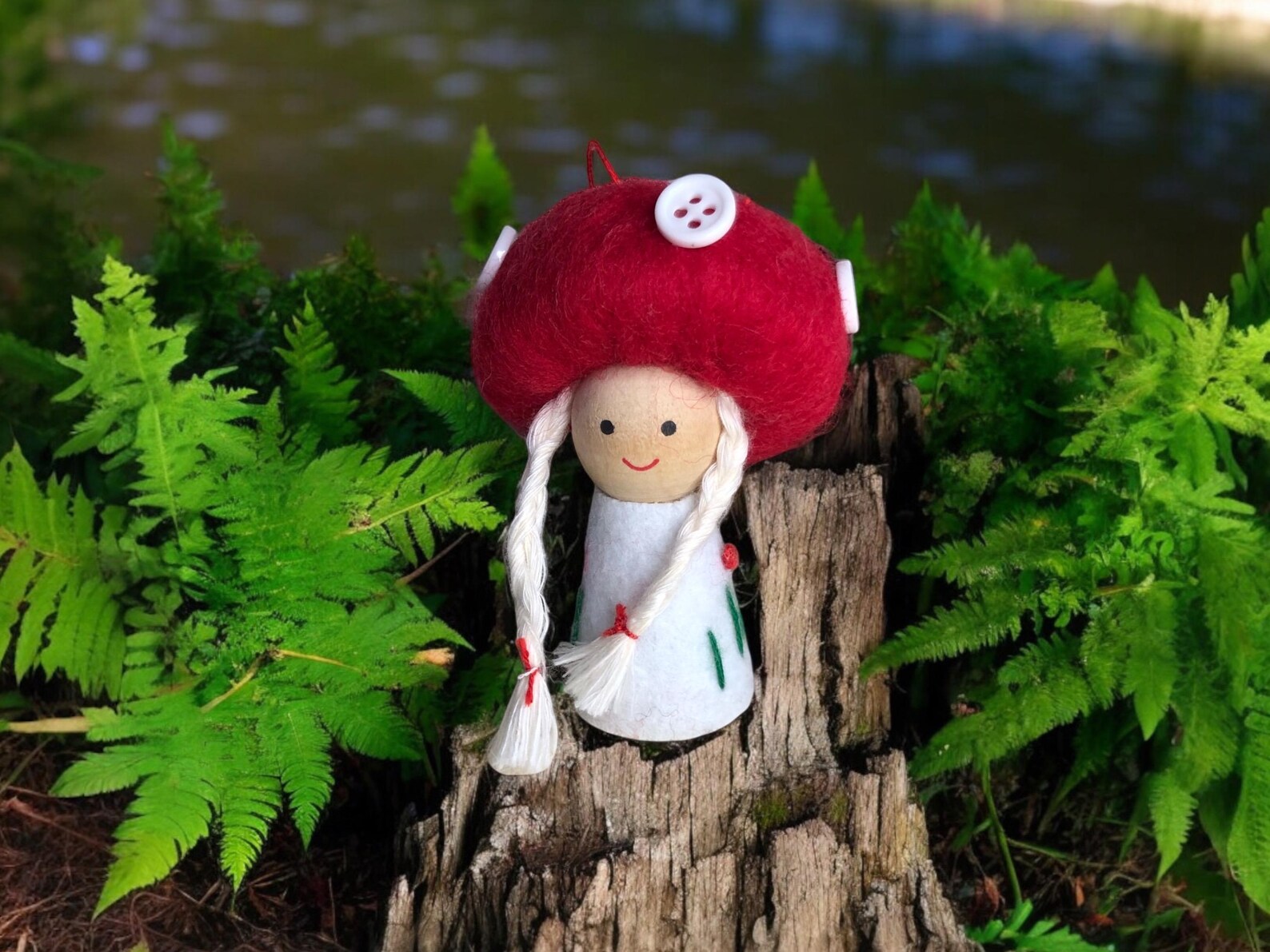 Little Red Mushroom Head Wooden Peg Doll - Hanging Mushroom Girl ...