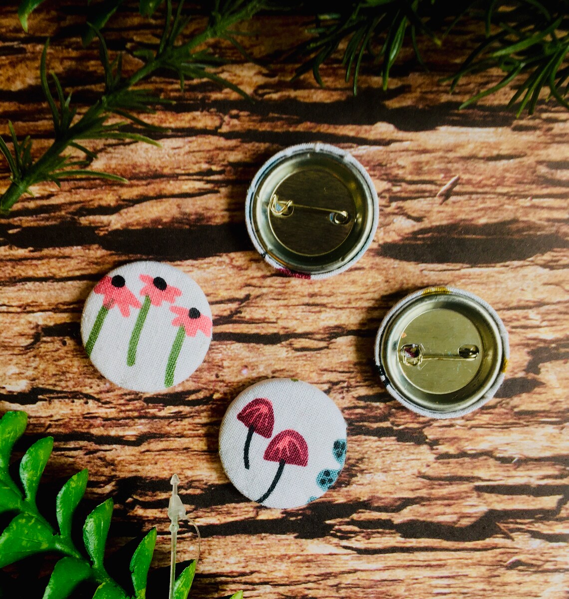 Set of Cloth Woodland Pin Back Buttons - Floral Pins - Mushroom Pins ...