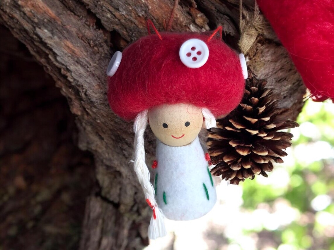 Little Red Mushroom Head Wooden Peg Doll - Hanging Mushroom Girl ...