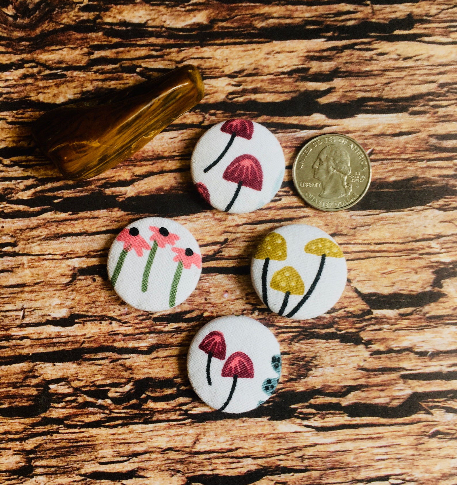 Set of Cloth Woodland Pin Back Buttons - Floral Pins - Mushroom Pins ...