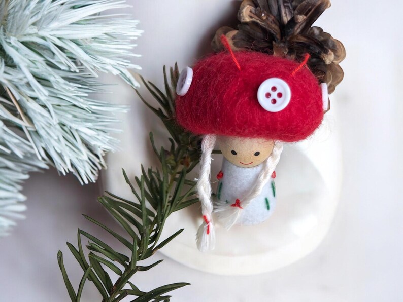 Little Red Mushroom Head Wooden Peg Doll - Hanging Mushroom Girl ...
