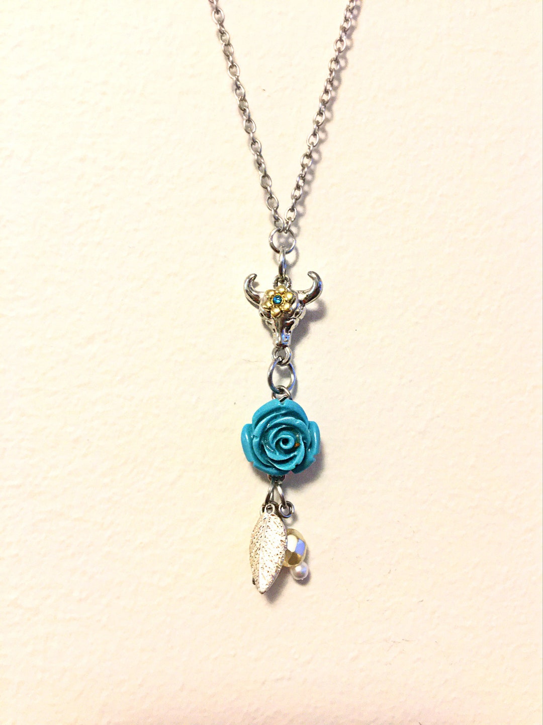Blue Rose With Bullhead Charm Necklace - Western Necklace - Bull Head ...