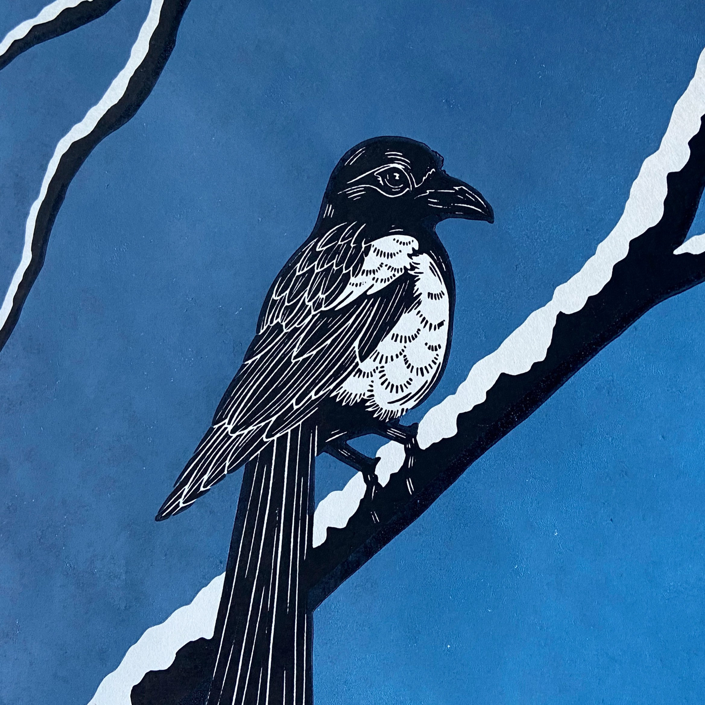 Linocut print "The magpie", large multi block print 25.5x42 cm, black ...