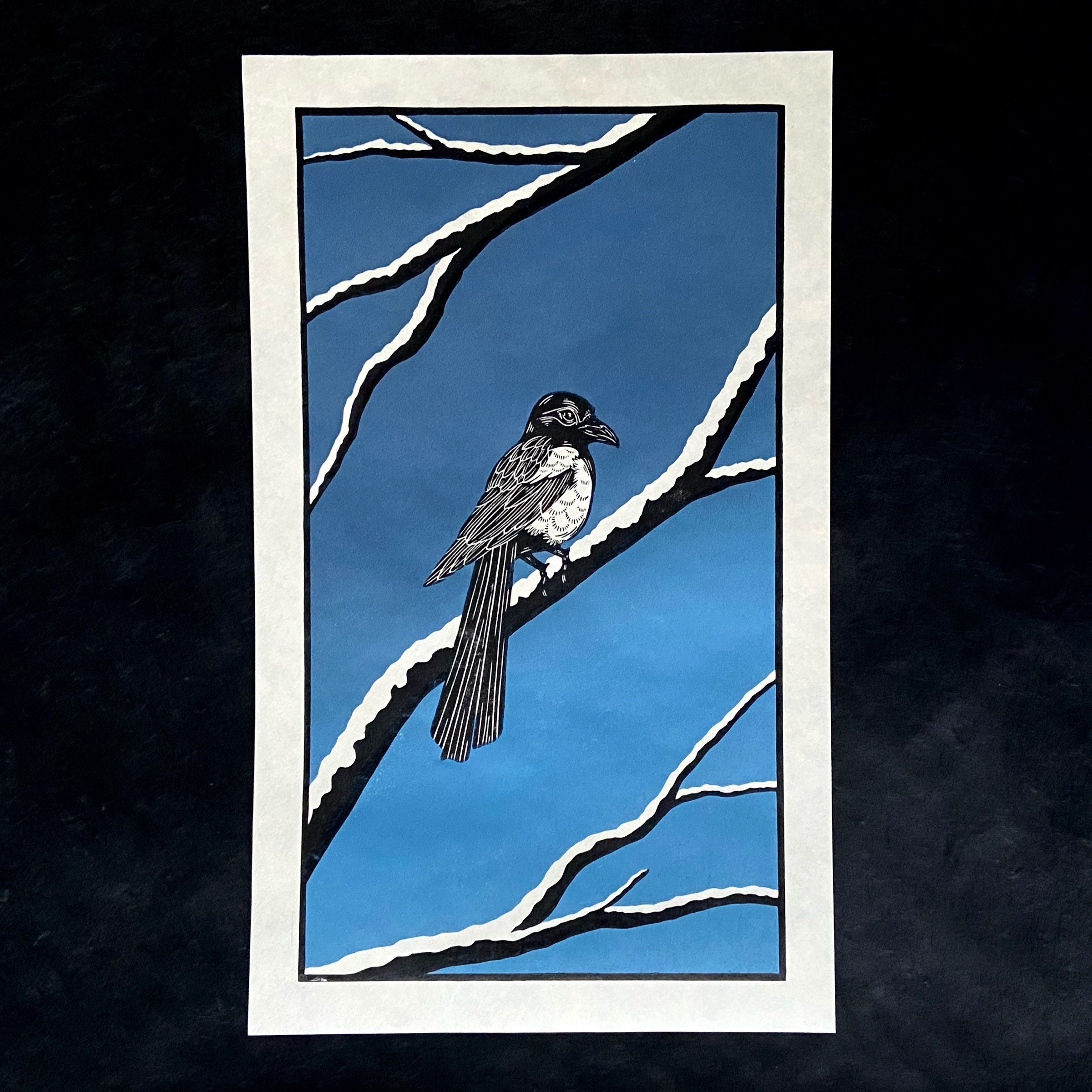 Linocut print "The magpie", large multi block print 25.5x42 cm, black ...