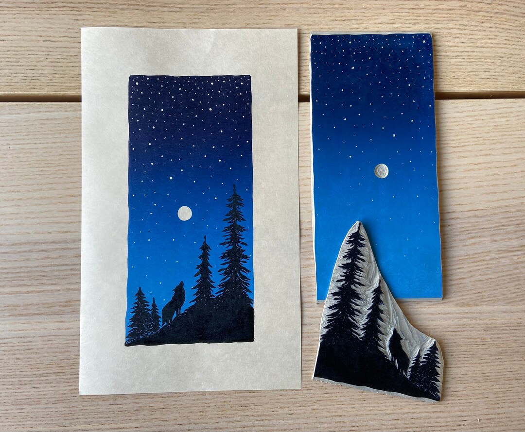 Original Linocut Print "wolf” on Natural Japanese Washi, Small Artprint ...