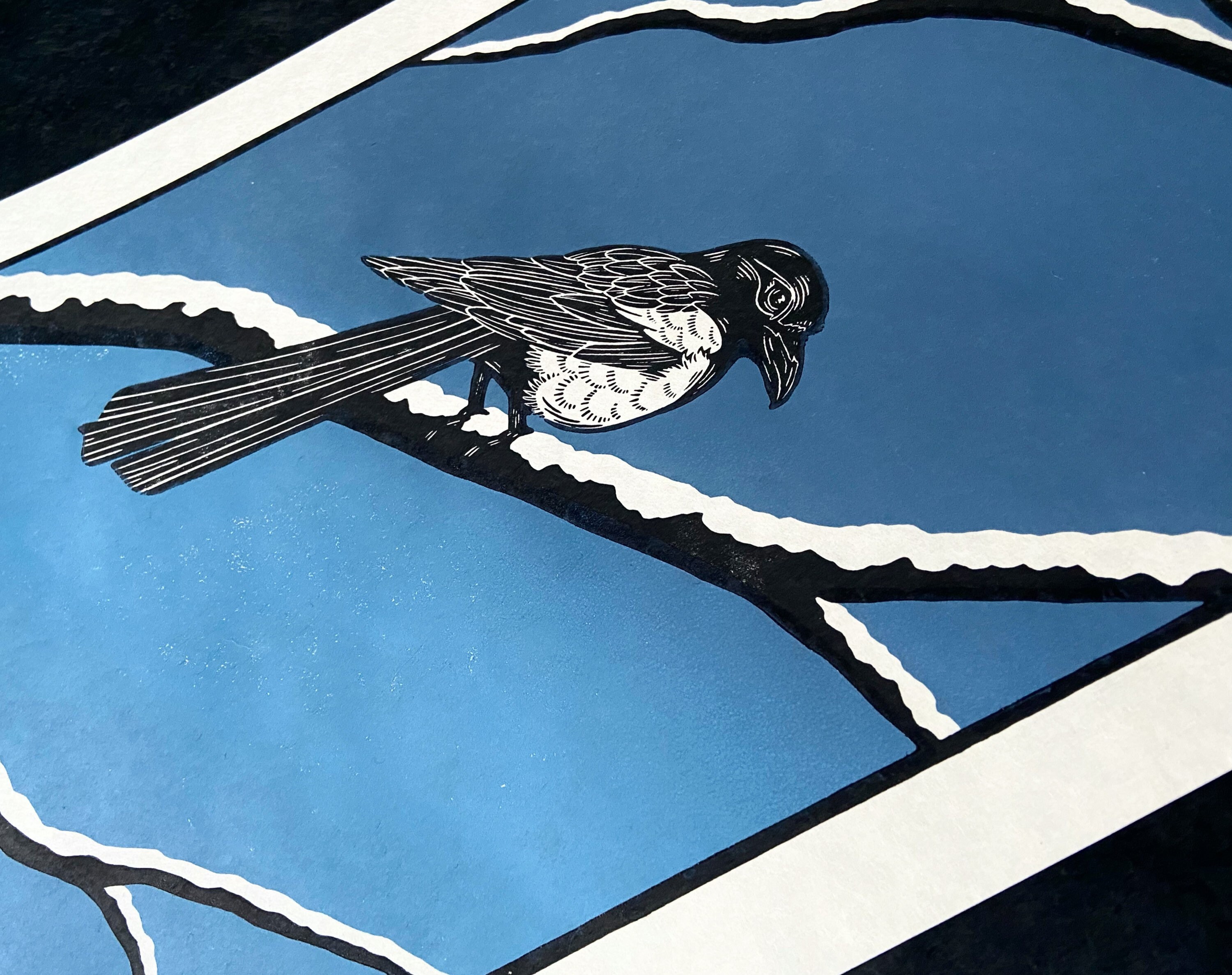 Linocut print "The magpie", large multi block print 25.5x42 cm, black ...