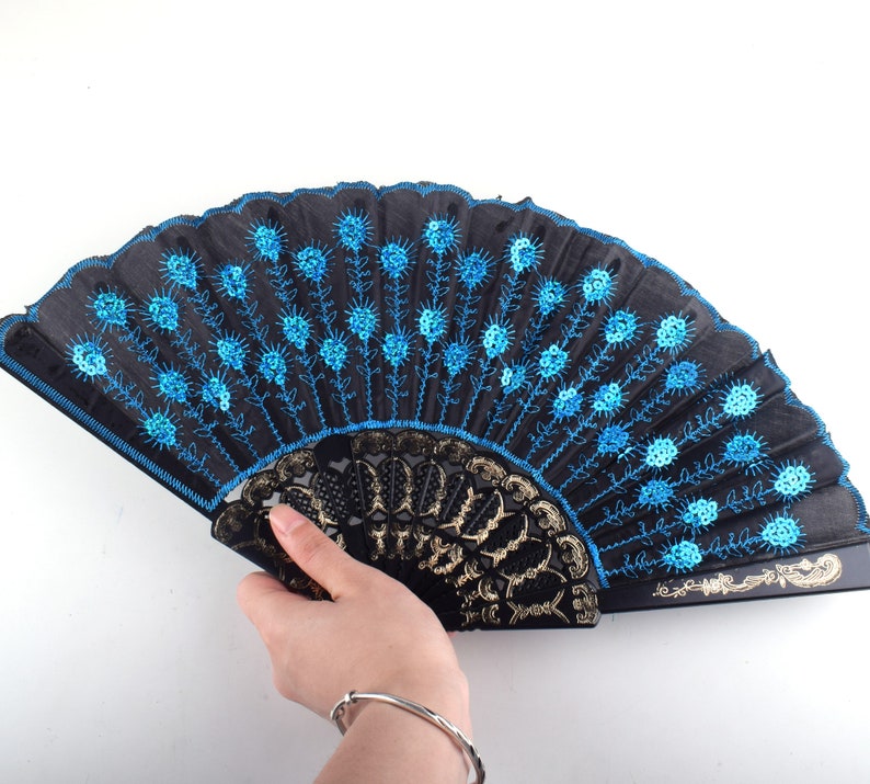 Folding Fan,9 Inch Length Blue Peacock Chinese Silk Fans,fashion Flower ...