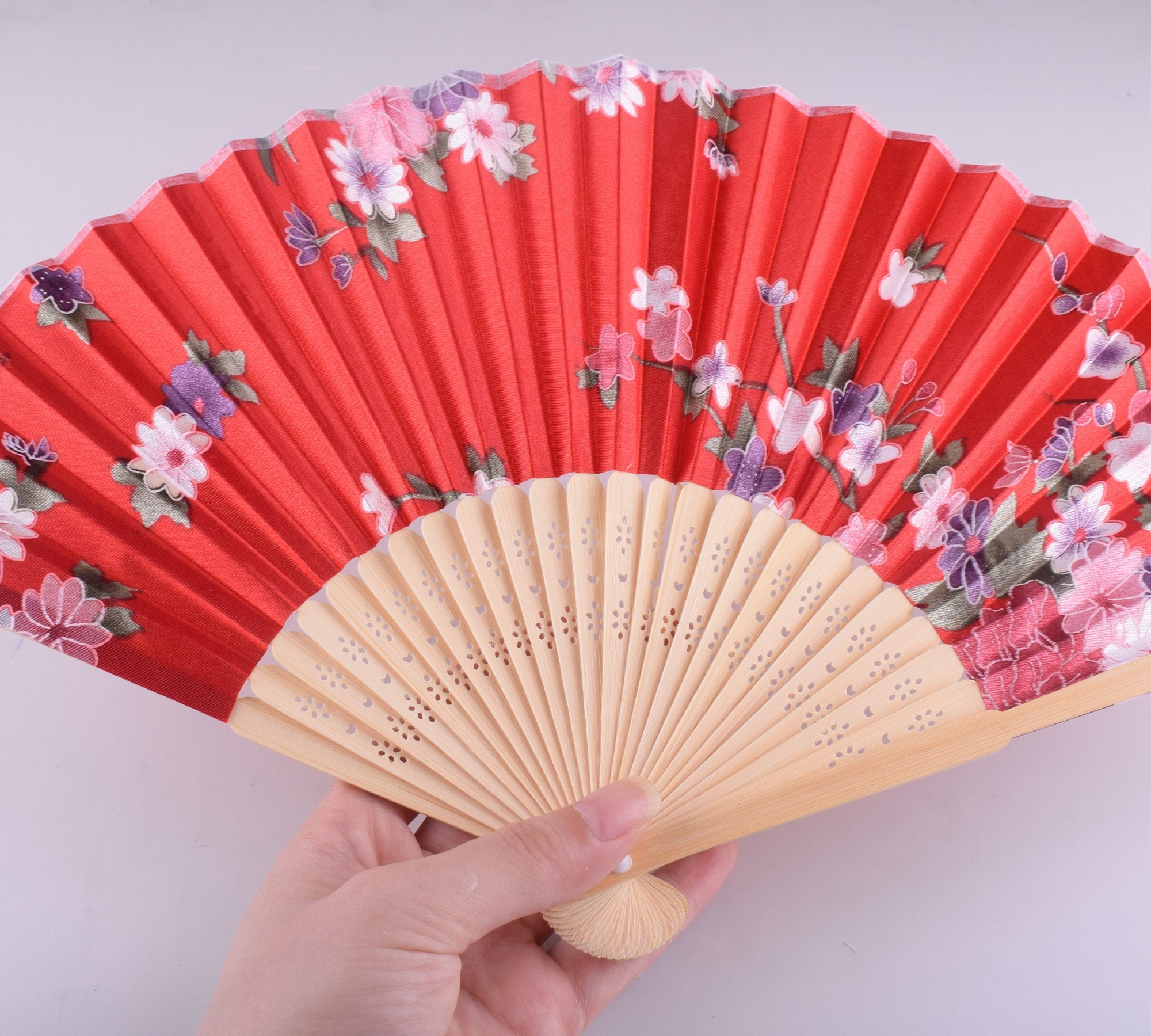 Hand Fans Chinese Silk Fans Red Flower Bamboo Folding Fans for | Etsy