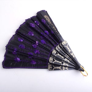 Hand Fans,chinese Silk Fans,9 Inch Length Purple Black Charm Flower ...