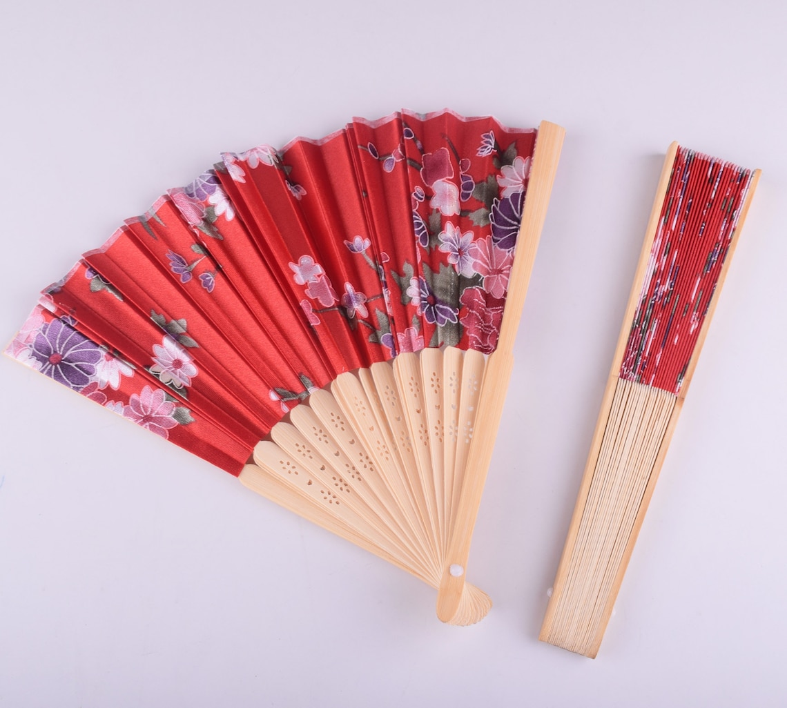 Hand Fans Chinese Silk Fans Red Flower Bamboo Folding Fans for | Etsy