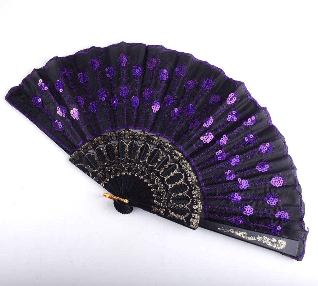 Hand Fans,chinese Silk Fans,9 Inch Length Purple Black Charm Flower ...