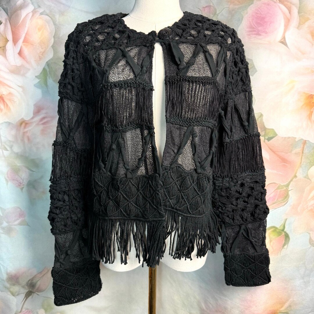 Vintage Sandy Starkman Black Semi Sheer Macrame Fringe Crochet Top ...