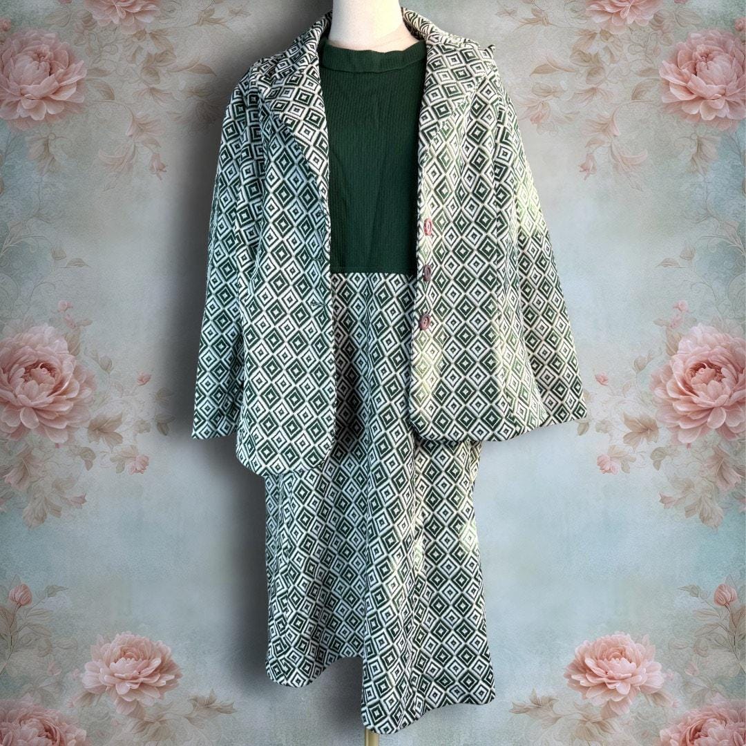 Vintage 60s Fortrel Green and White Diamond Pattern Dress and Jacket ...
