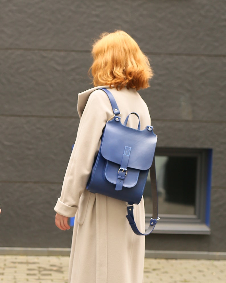 Blue Leather Backpack for Women Leather Backpack Men Leather Rucksack ...