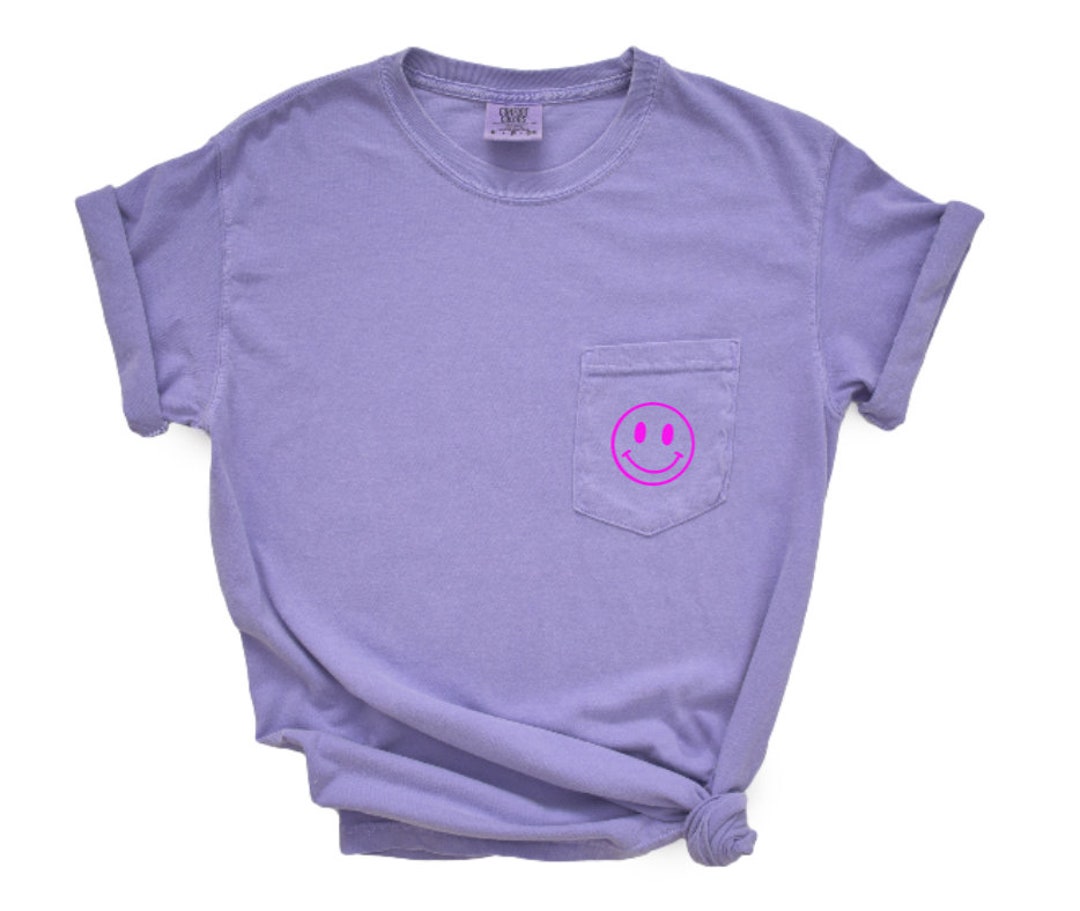 Neon Smiley Comfort Colors Pocket Shirt, Trendy Comfort Color Shirt ...