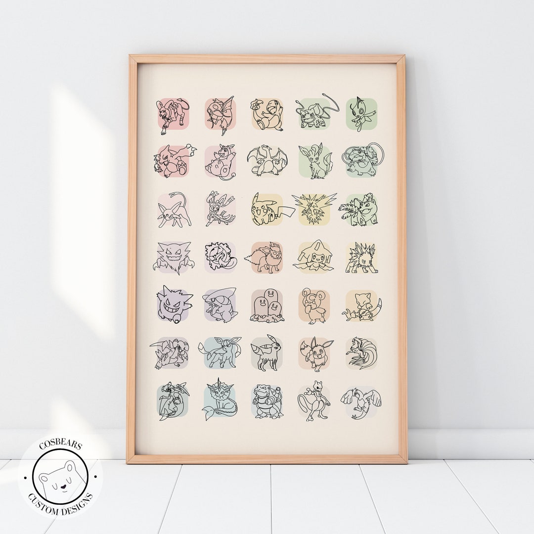 Pokémon Line Art Print | Cosy Pastel Wall Art for Kids Room & Nursery ...