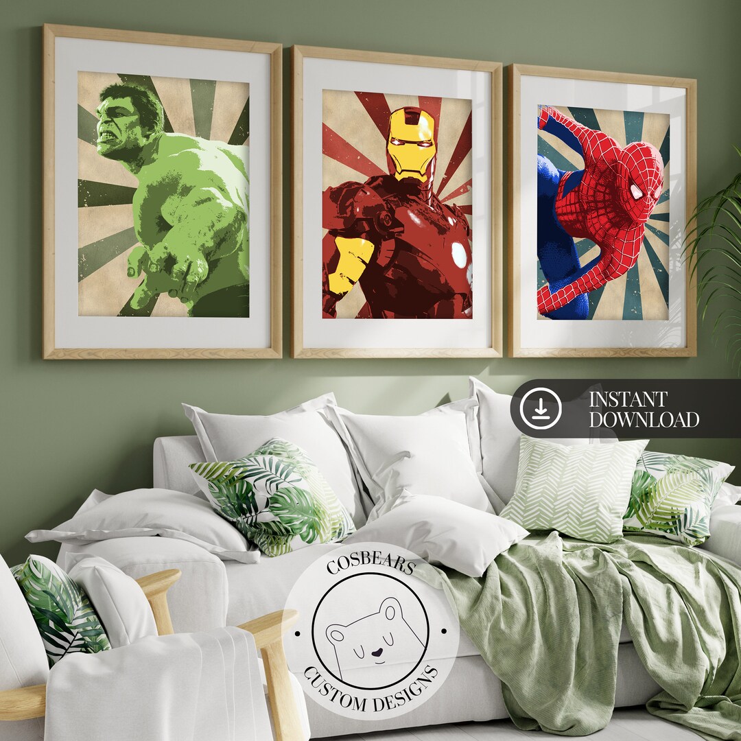 Marvel Superhero Wall Art | Hulk, Iron Man, Spider-man Screen Print ...