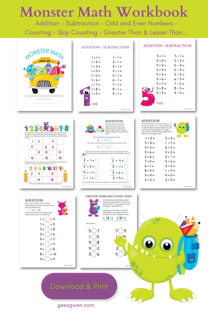Monster Math Workbook - Etsy