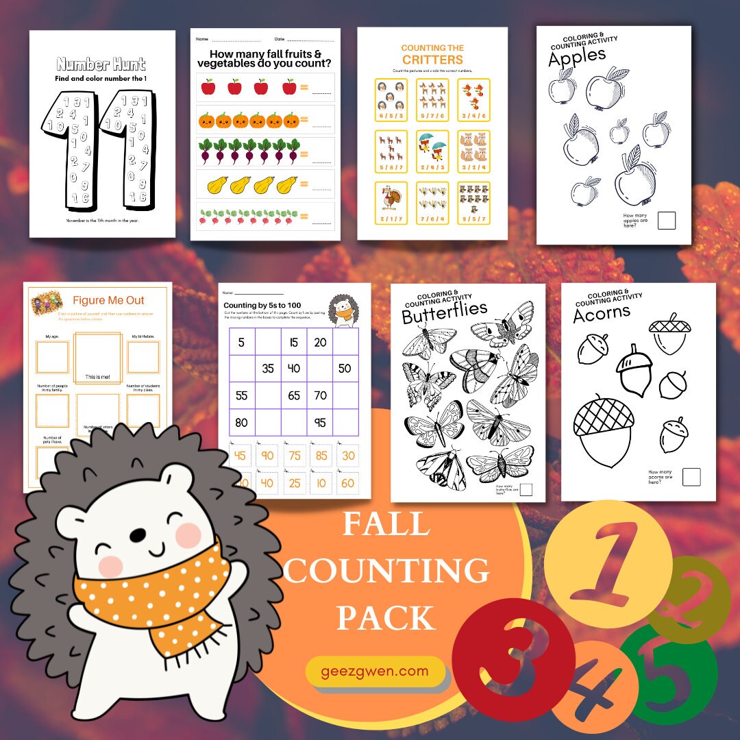 Fall Counting Pack - Eight Printable Worksheets - Etsy
