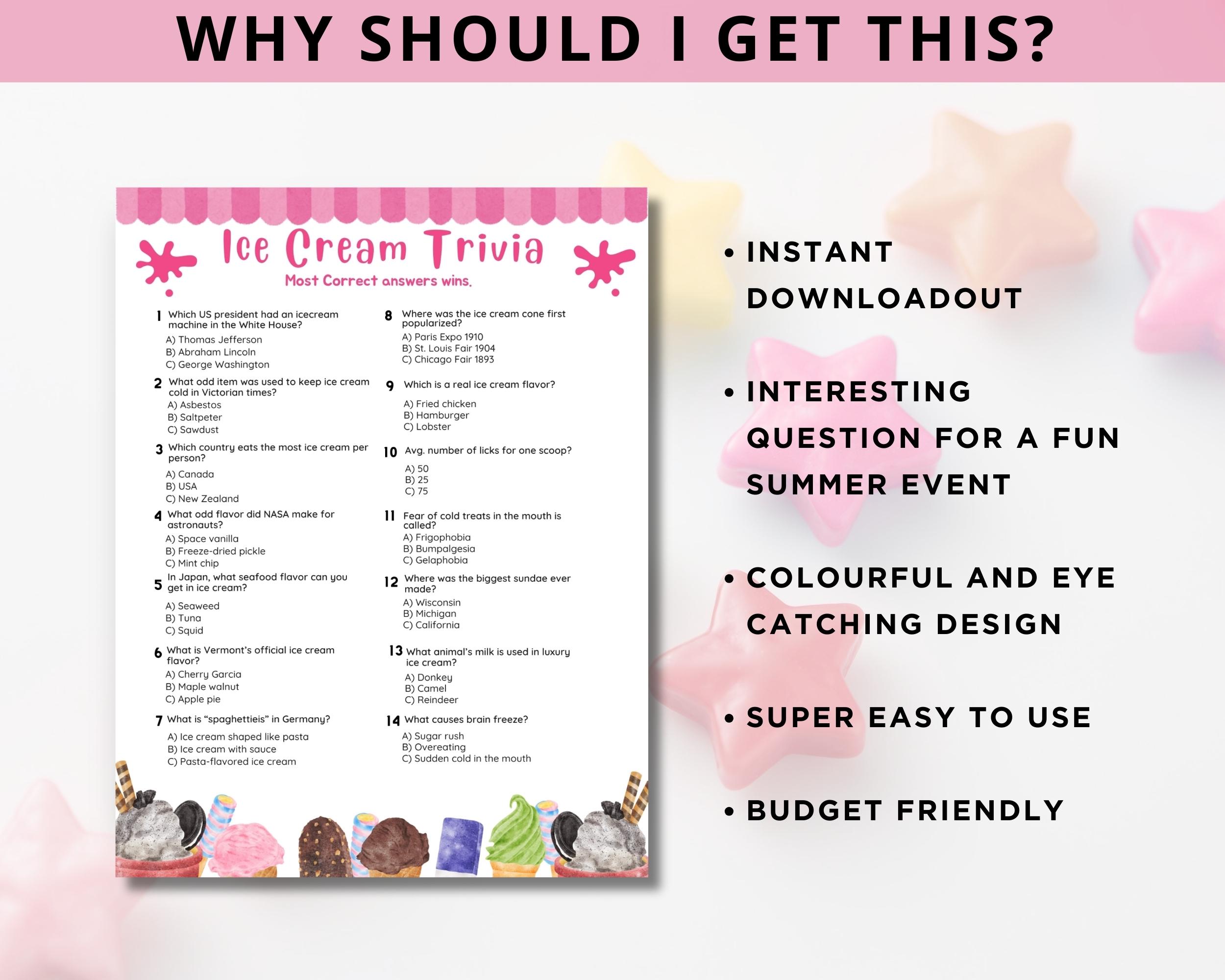 Ice Cream Trivia Summer Game, Ice Cream Themed Birthday Party Game ...