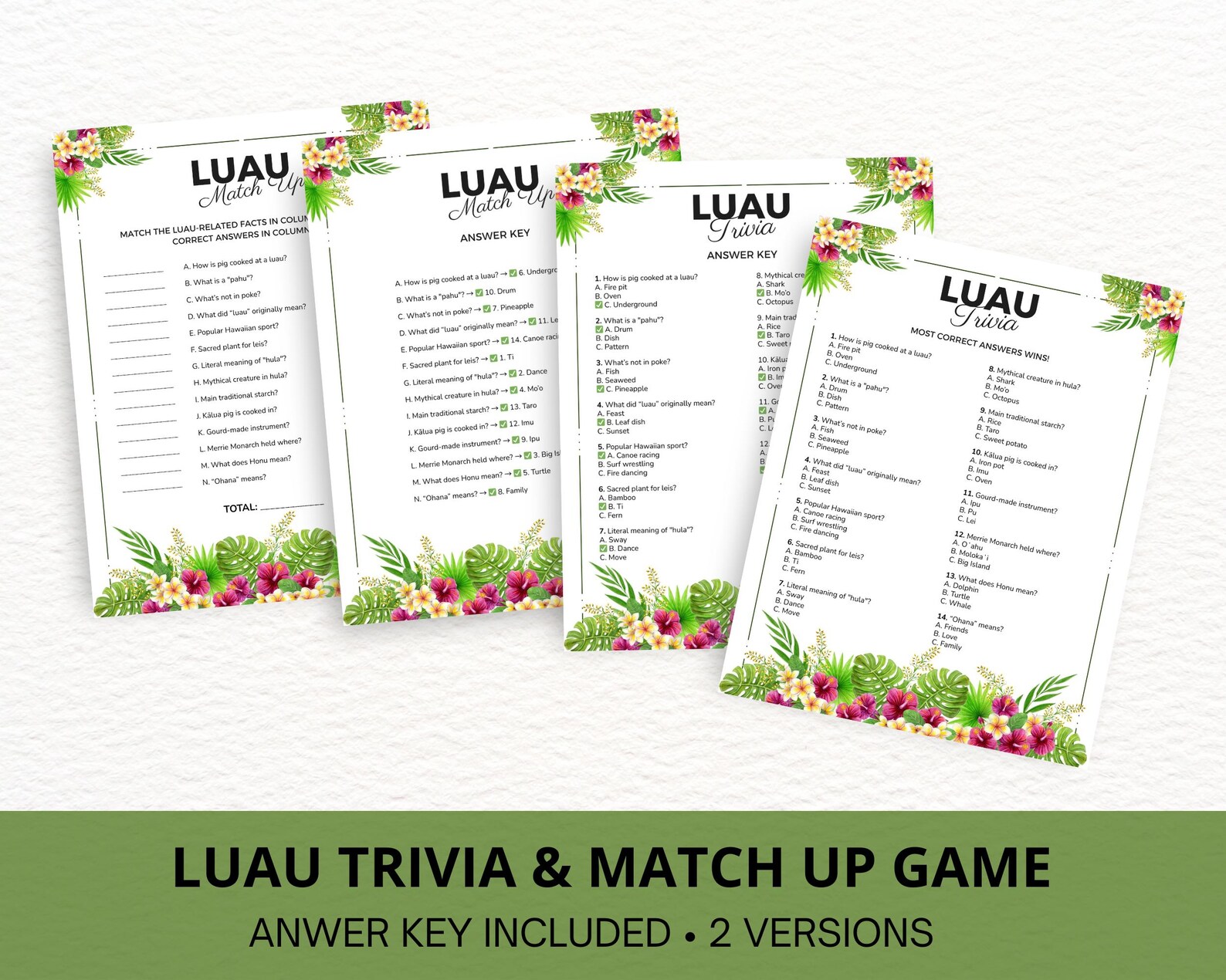 Luau Trivia Game & Match Up, Hawaiian Party, Summer Beach Game ...